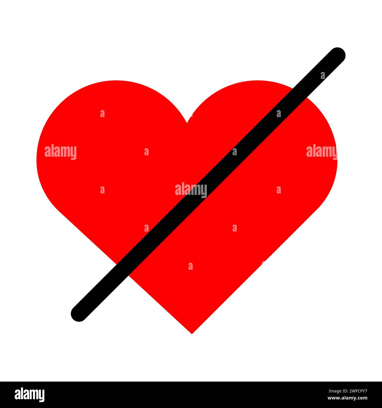No hay símbolo de amor. Signo rojo del corazón. Barra negra. No es ...