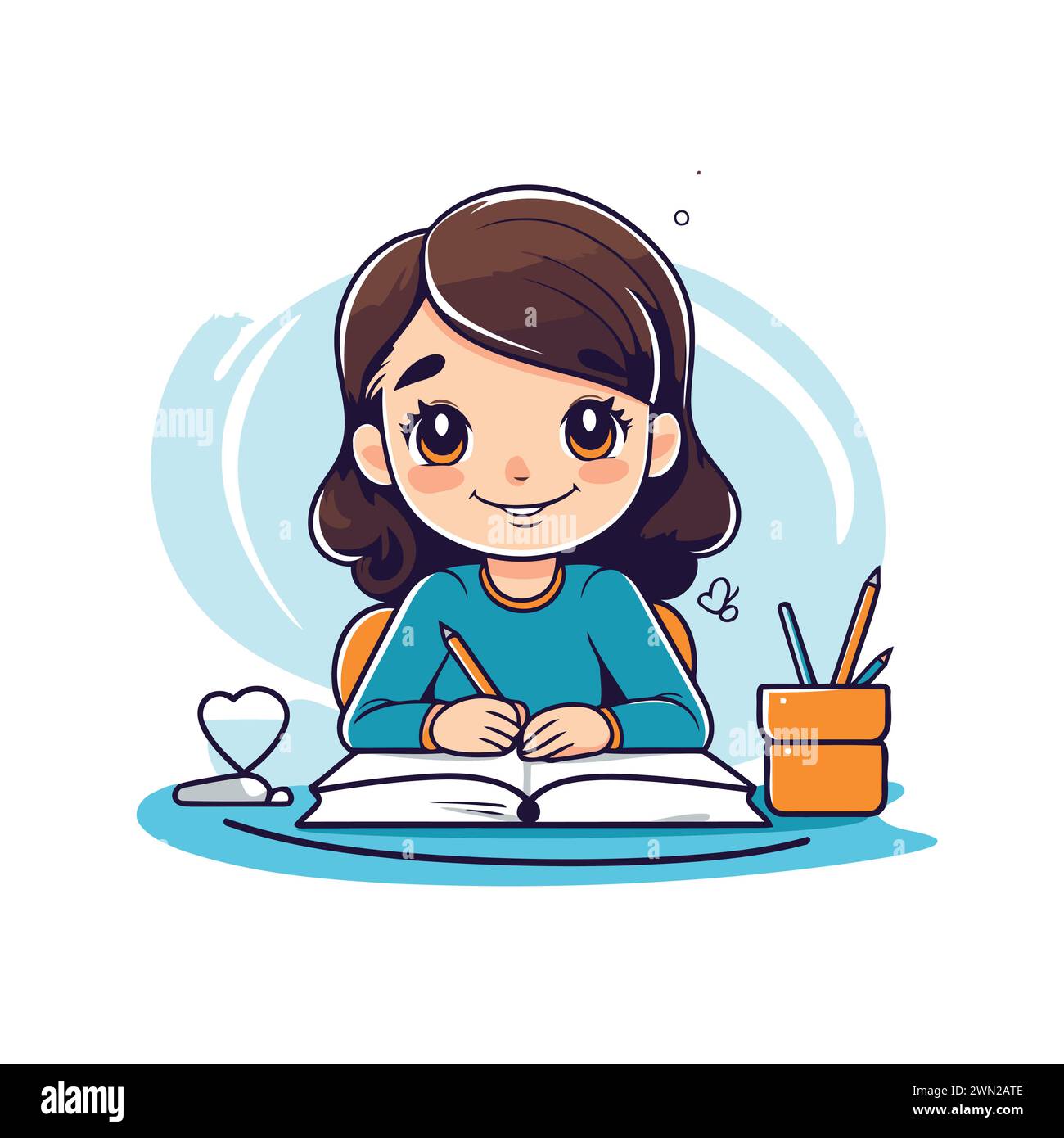 Linda Niña Haciendo Los Deberes Ilustración Vectorial En Estilo De
