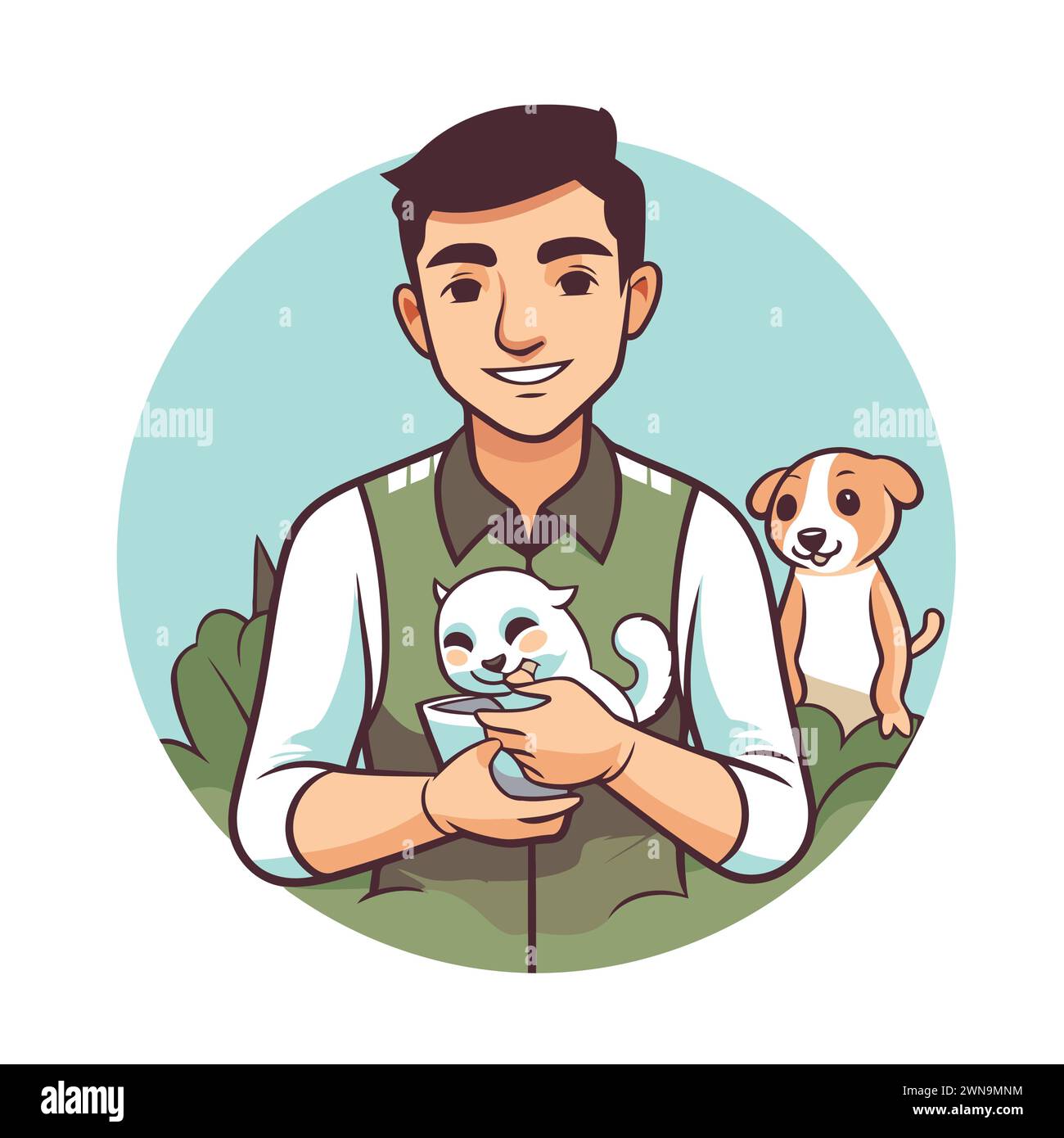 Hombre Guapo Con Perro Y Gato Ilustración Vectorial En Estilo De