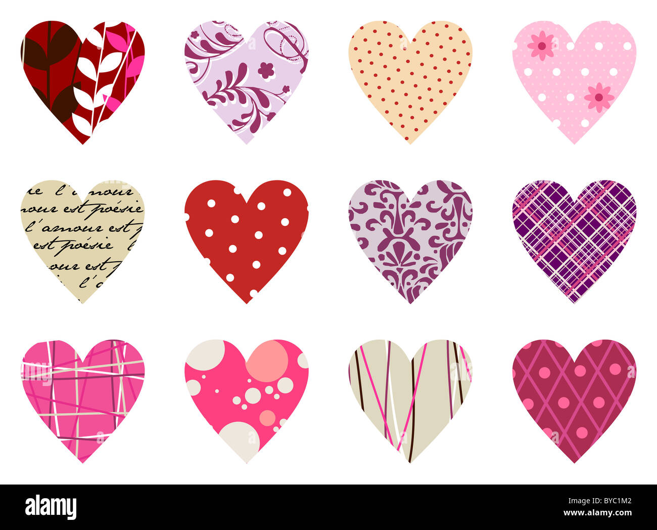 Conjunto de doce corazones de diferentes texturas. Rojo, rosado y tonos ...