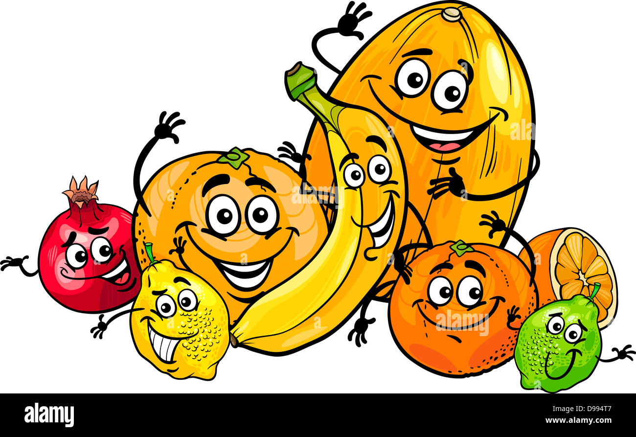 Ilustración Caricatura Divertida De Cítricos Y Frutas Tropicales De