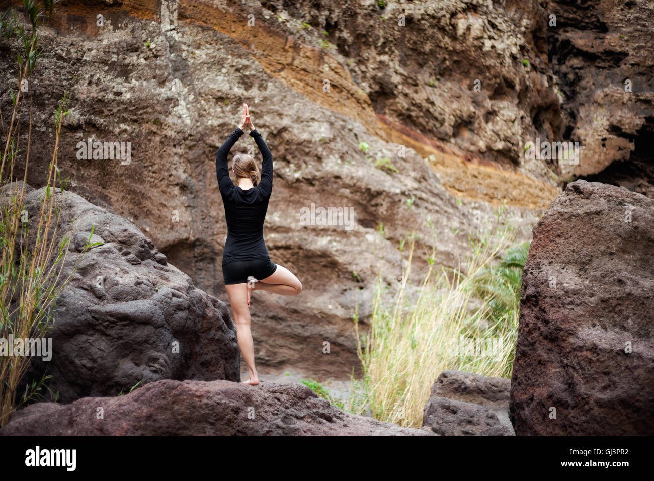 Sesión de yoga de verano en las rocas - tropical de la isla de Tenerife ...