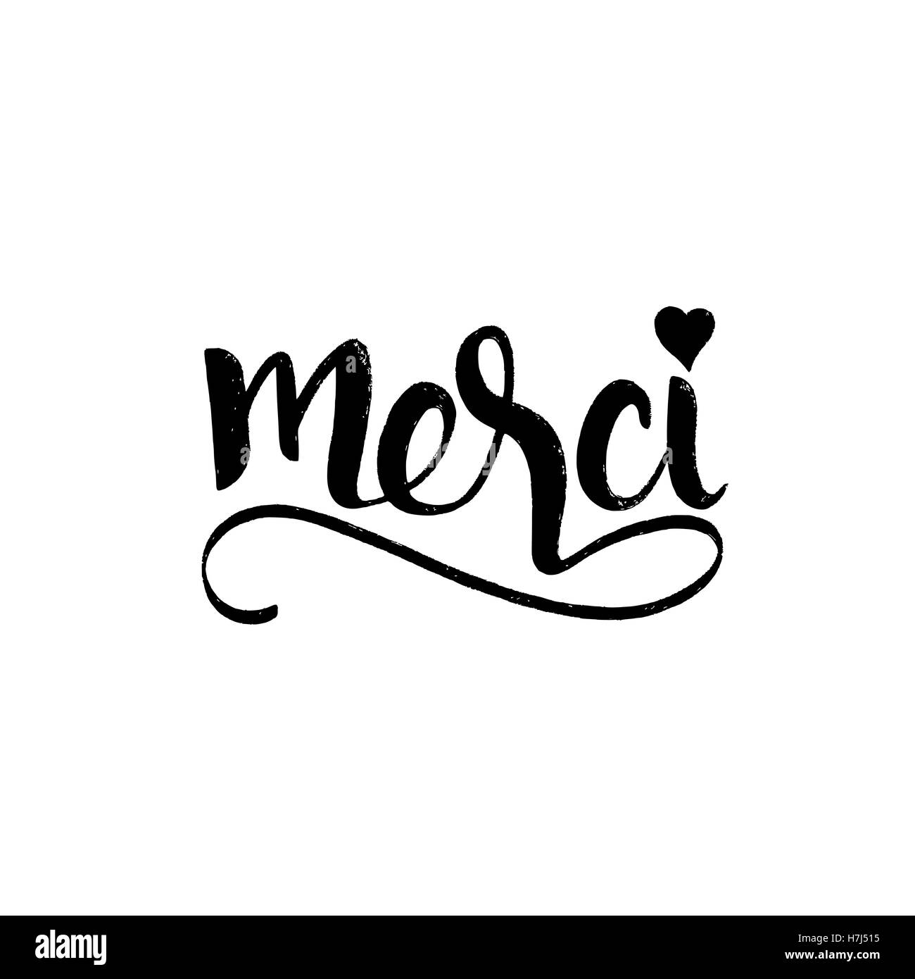 Merci Letras Escritas A Mano Gracias Frase En Lengua Francesa Vector