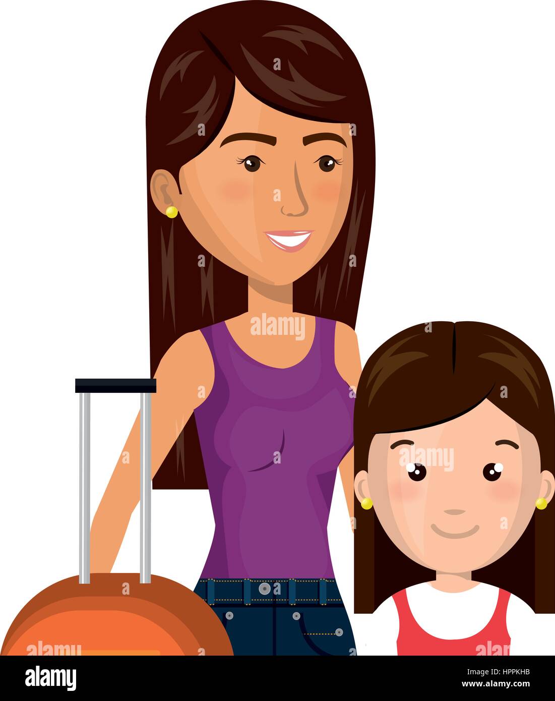 Mujer De Dibujos Animados De Medio Cuerpo Con Maletín De Viaje Y Chica