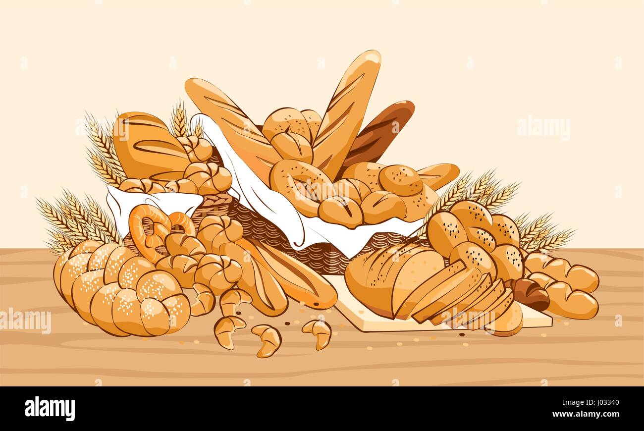 Productos De Panadería En La Tabla Cesta Con Pan Y Otros Pasteles