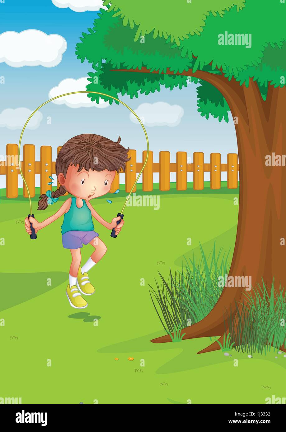 Ilustración de una niña jugando con un saltar la cuerda en el jardín ... Ilustración de una niña jugando con un saltar la cuerda en el jardín ...