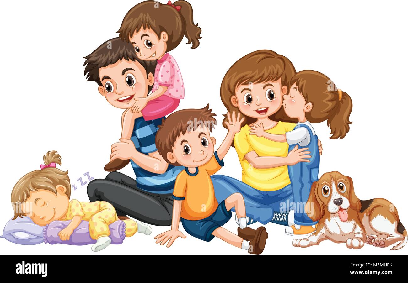 Familia De Dibujos Animados De 4 Dos Hijas Y Un Perro