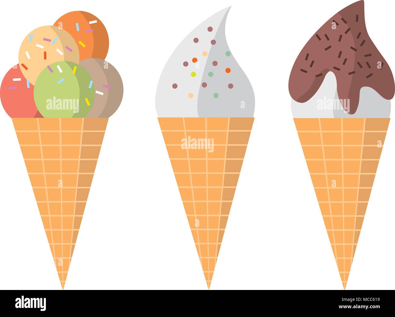 Tres Diferentes Coloridos Sabroso Gofre Y Conos De Helado Soft Ice Con