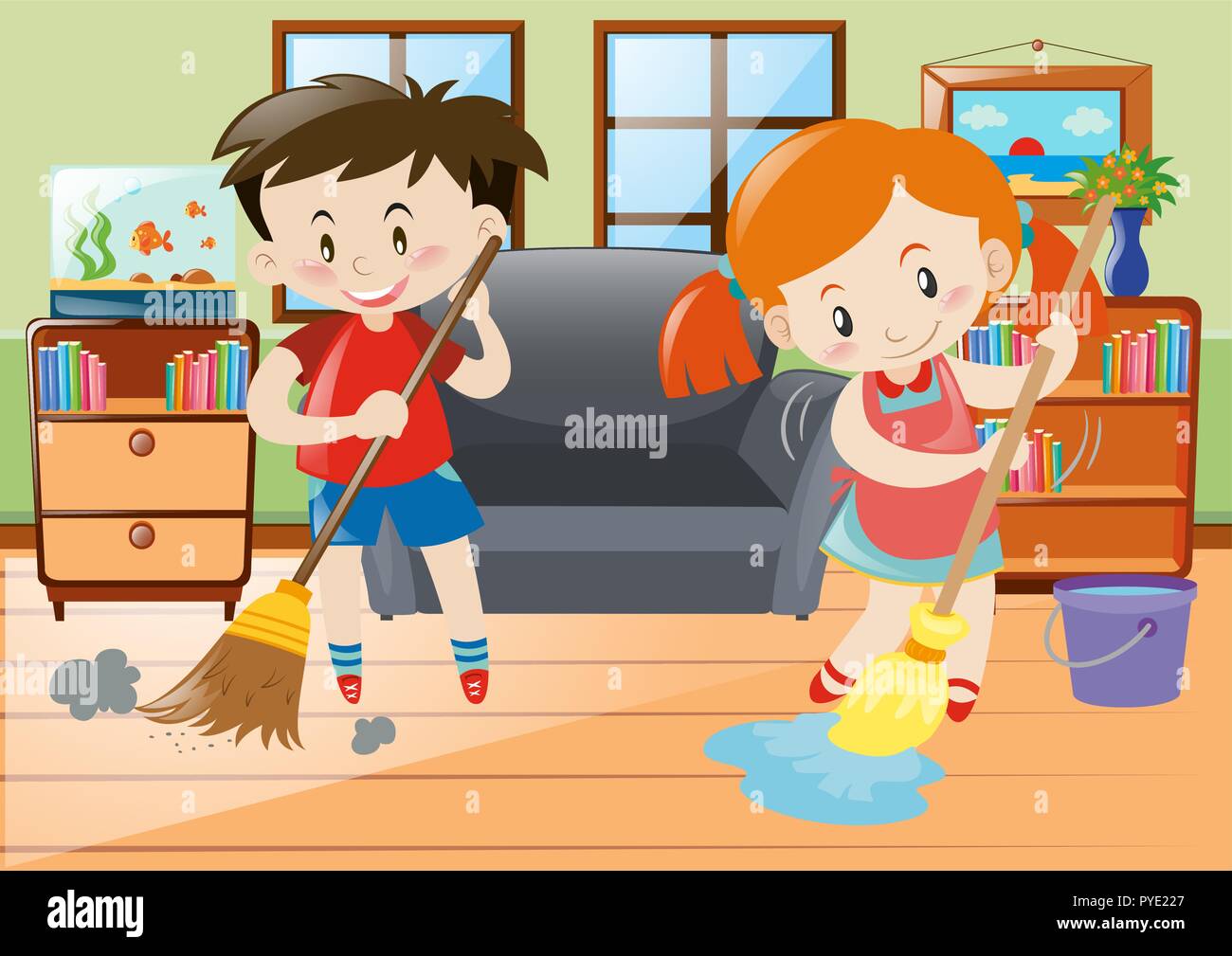 Chico y chica hacer quehaceres en la casa ilustración Imagen Vector de ...