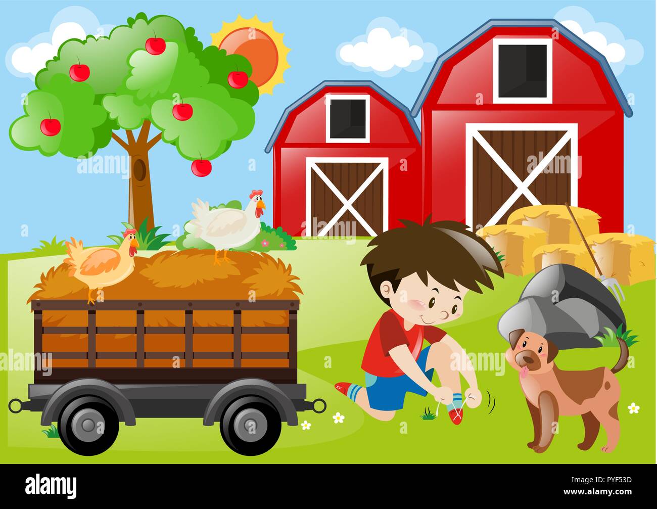 La escena de la granja con niño y perro en el campo ilustración Imagen ... La escena de la granja con niño y perro en el campo ilustración Imagen ...
