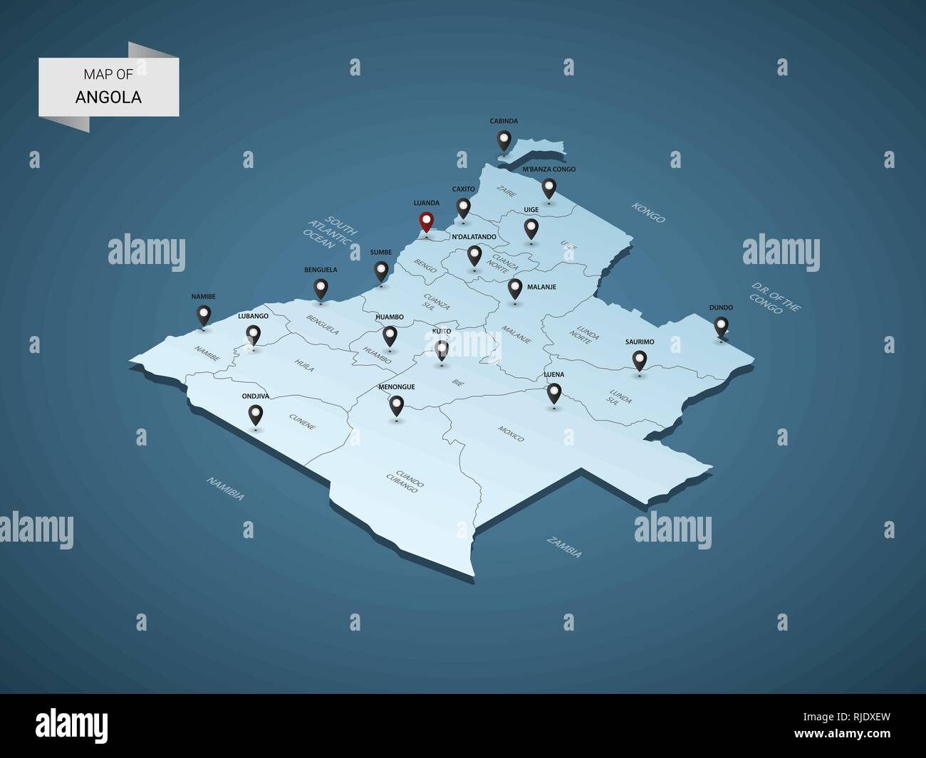 Angola Mapa 3d Isométrica Ilustración Vectorial Con Las Ciudades Las
