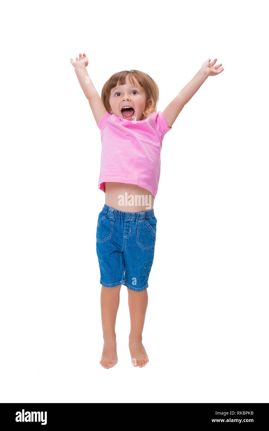 Positivo Alegre Niña De 3 Años De Edad Feliz Saltando Y Gritando