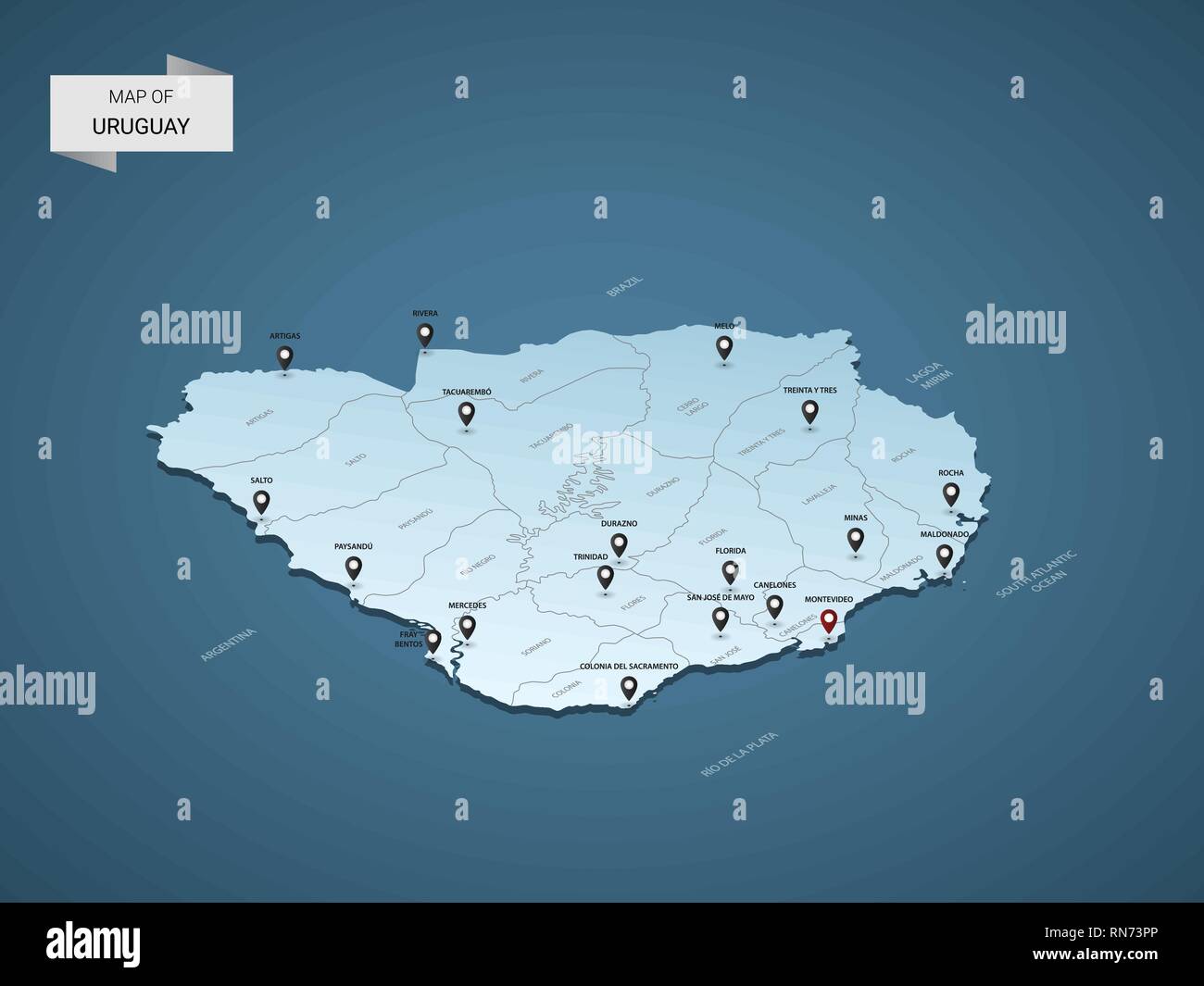 3d Isométrica Uruguay Mapa Ilustración Vectorial Con Las Ciudades Las