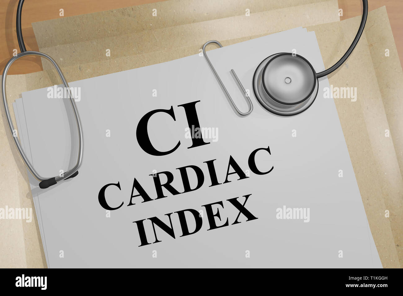 Ilustración 3D de índice cardíaco (IC) título en un documento médico ...