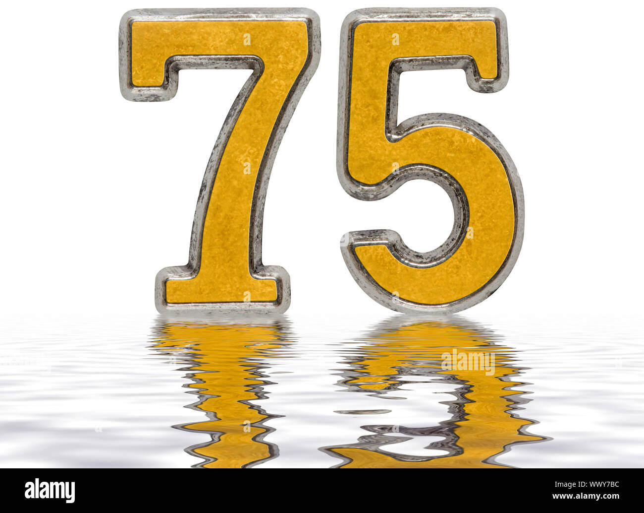 75, numeral 75, reflejado en la superficie del agua, aislado en blanco ... 75, numeral 75, reflejado en la superficie del agua, aislado en blanco ...