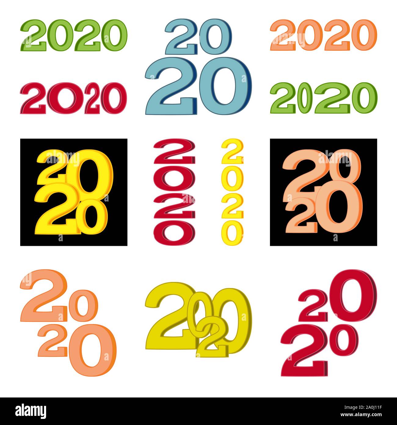 10 dessin animé coloré 2020 signes. Symbole du Nouvel An sur le thème ...