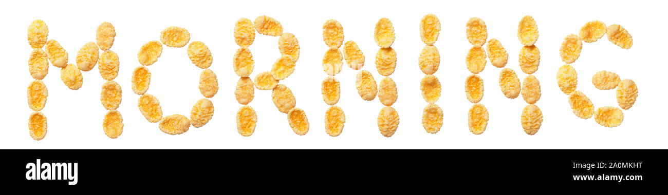 Lettre M cornflakes jaune isolé sur fond blanc. Flocons de céréales ...