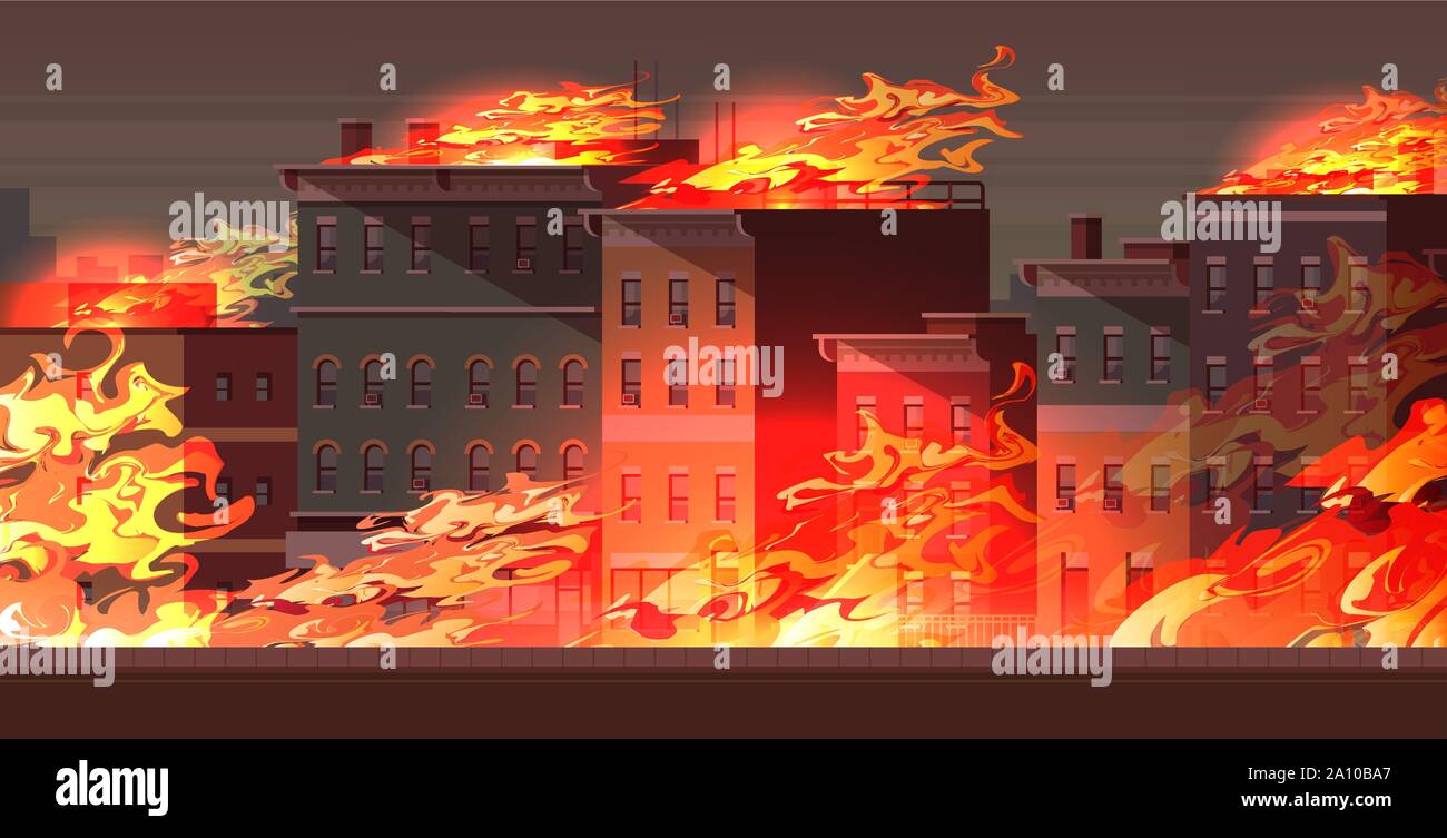 Incendie dans un immeuble en flammes sur la rue de la ville de flamme ...