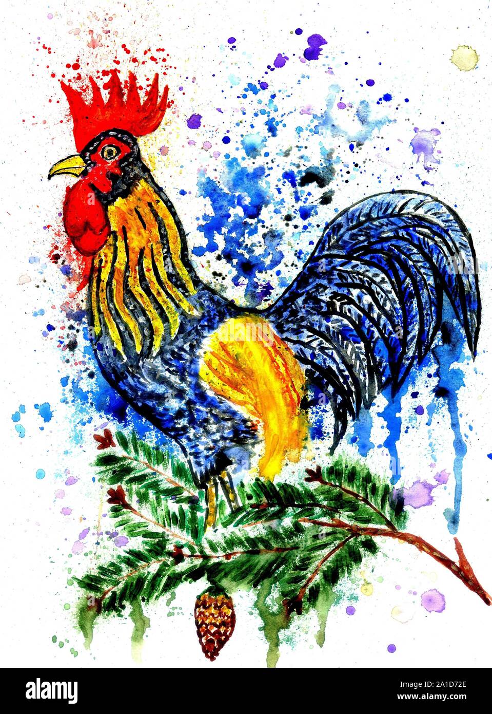 Aquarelle Dessin animé coq, hand drawn bestial illustration Photo Stock ...