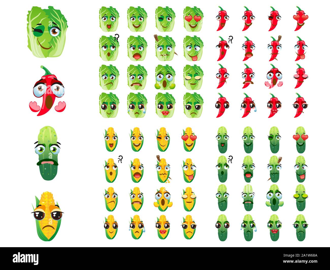 Ensemble de légumes. Expression d'Émoticônes Emoji. Le maïs, le piment ...