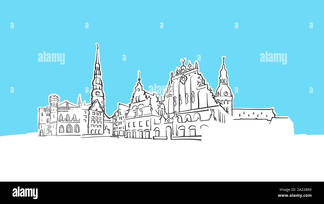Riga Lettonie Lineart Croquis Vecteur Illustration tirée. et sur fond ...