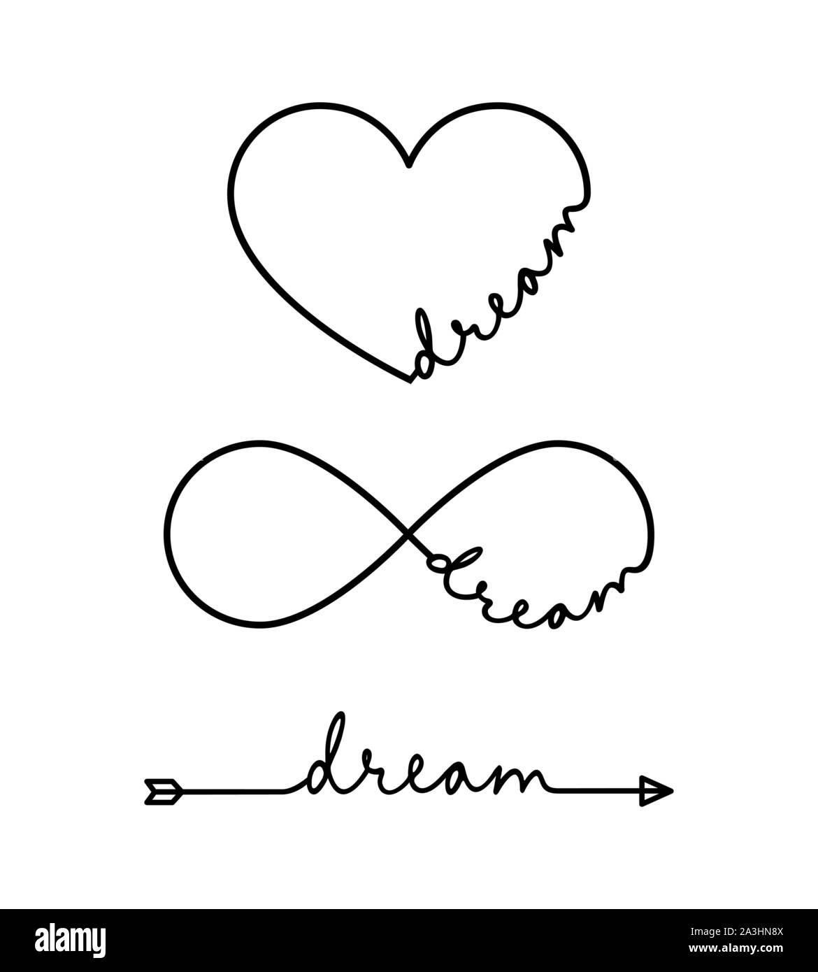 Dream - mot avec symbole de l'infini, dessinés à la main, cœur, une ...