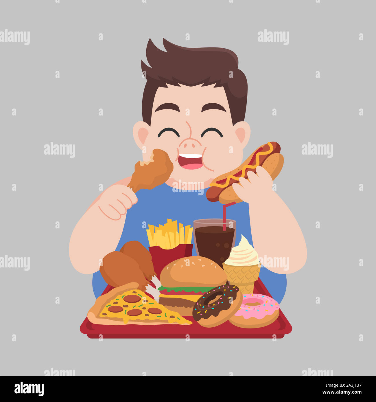 Big Fat homme heureux profiter de manger fast food, junk food, pilons ...