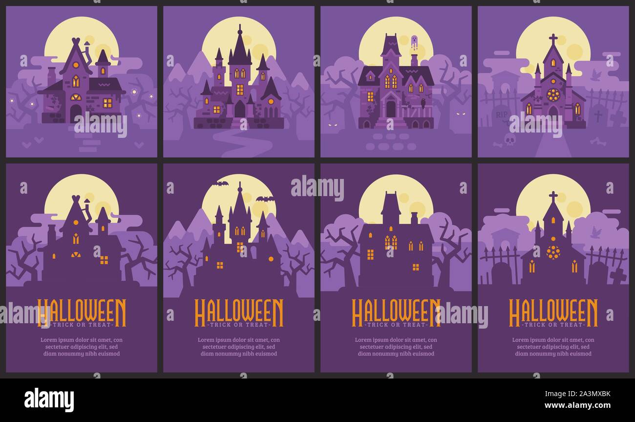 Quatre maisons d'Halloween et de prospectus. Hutte de sorcière, Vampire ...