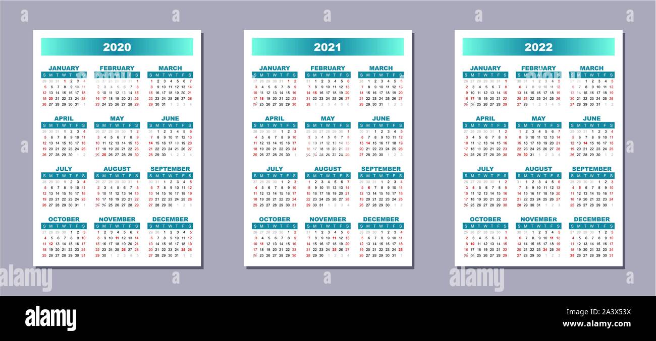 Ensemble de 3 modèles de calendrier, d'anglais, dimanche en premier ...