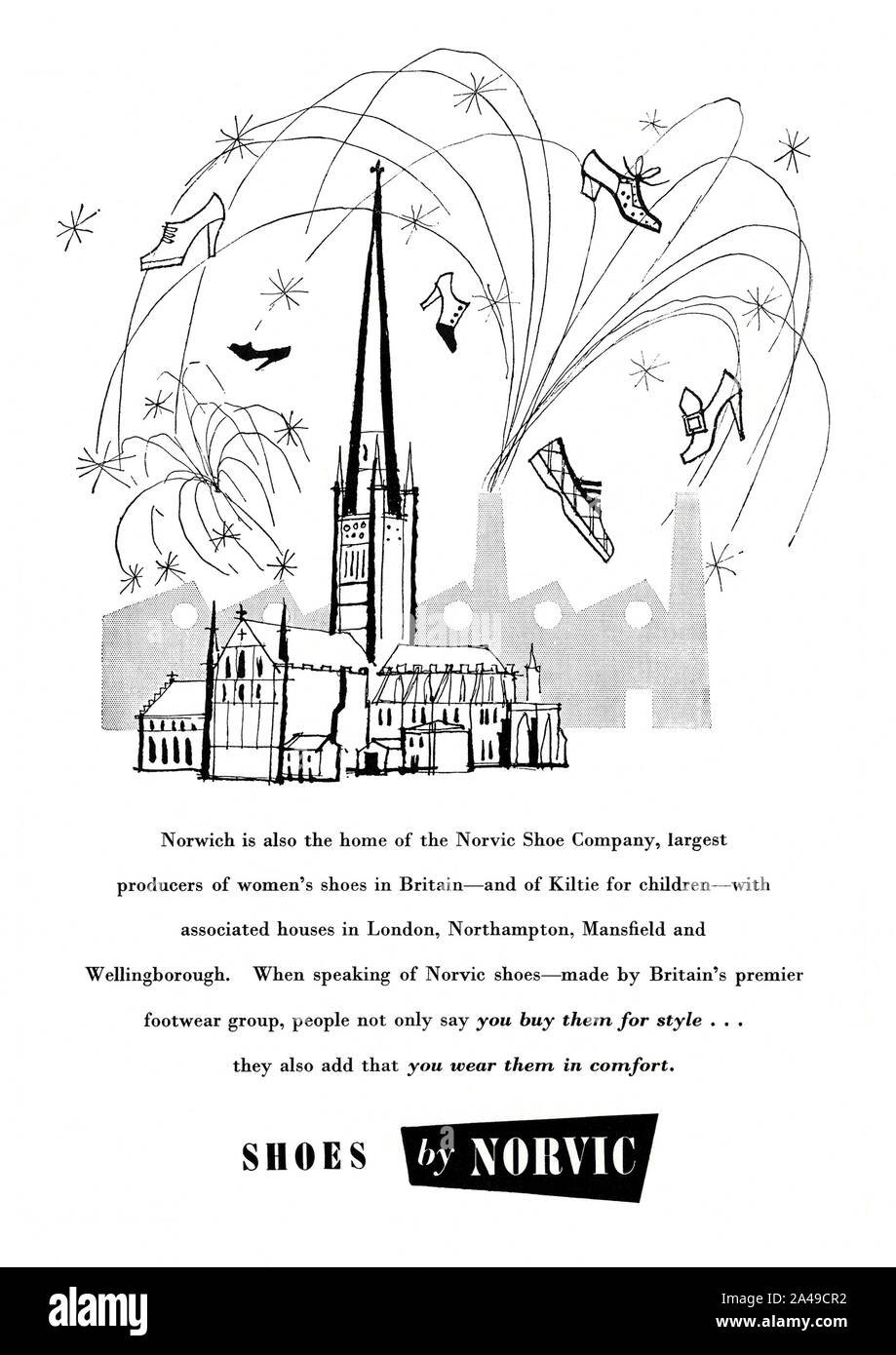 Publicité pour des chaussures de Norvic, 1951. L'illustration montre ...