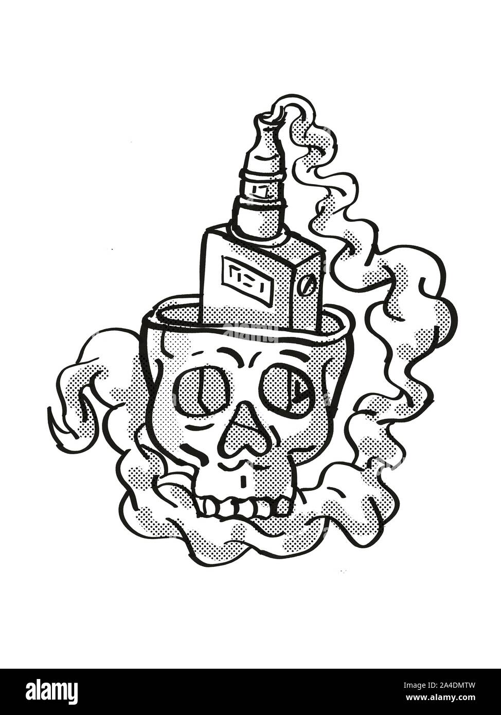 Cartoon style tatouage dessin illustration d'un crâne humain vaper avec ...