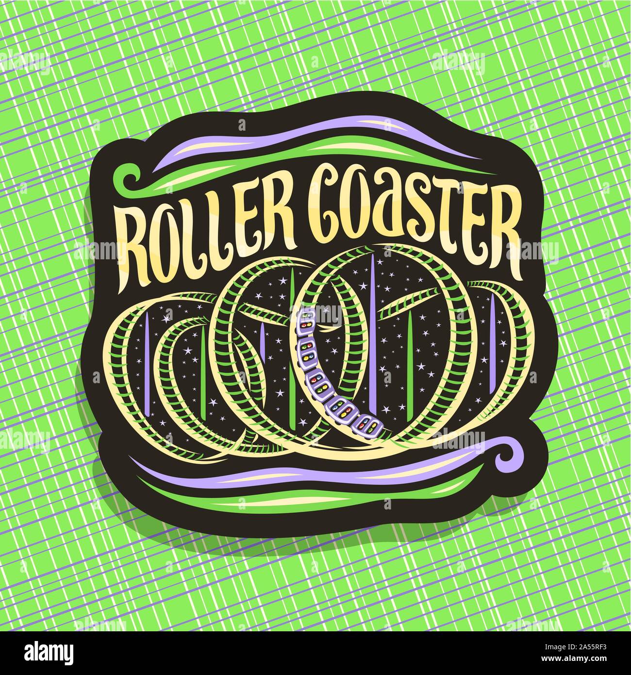 Logo Vector pour Roller Coaster, panneau noir avec cartoon train descendre dans la boucle de la ...