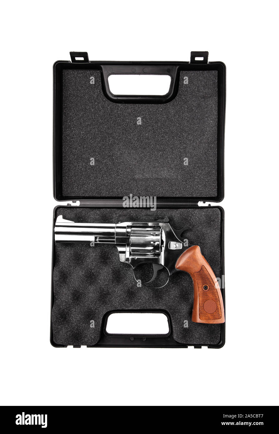 Pistolet revolver d'argent dans un boîtier en plastique spécial pour le ...