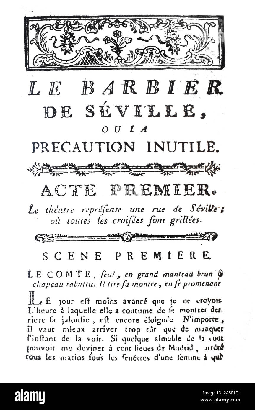 Le Barbier de Séville ou la précaution inutile première page du livret. Cet opéra a été écrit ...