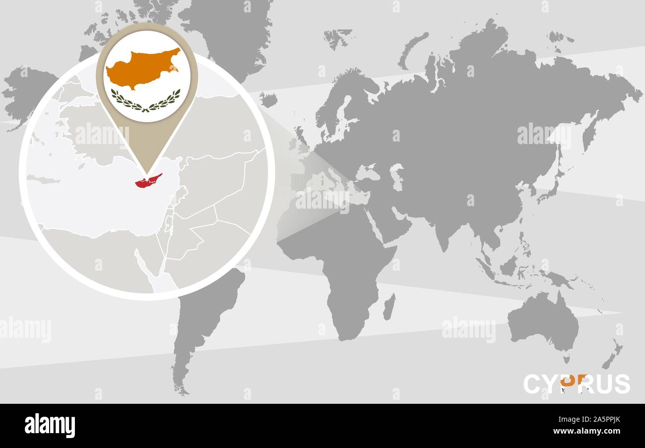 Carte du monde avec Chypre grossie. Pavillon chypriote et de la carte ...