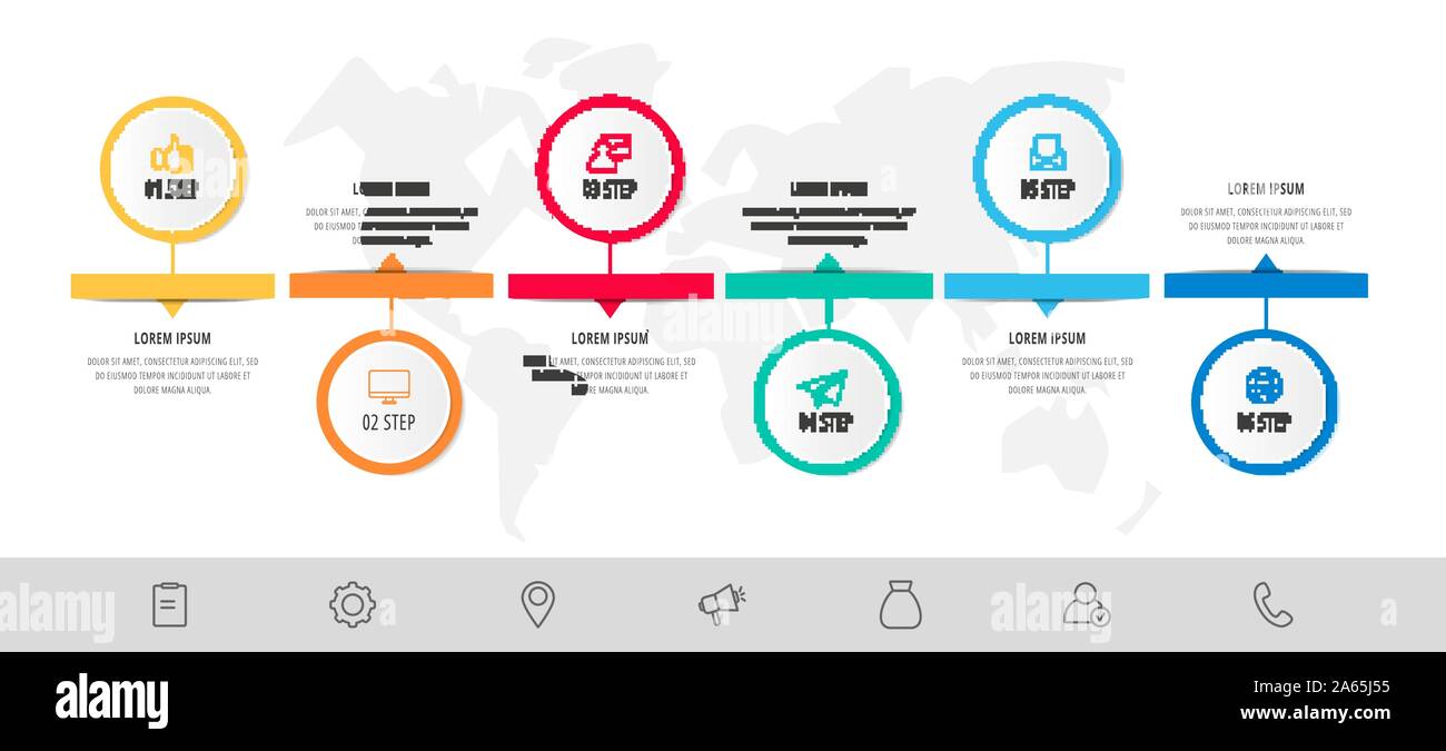 Infographie vecteur modèle plat. Cercles avec flèche de six diagrammes ...