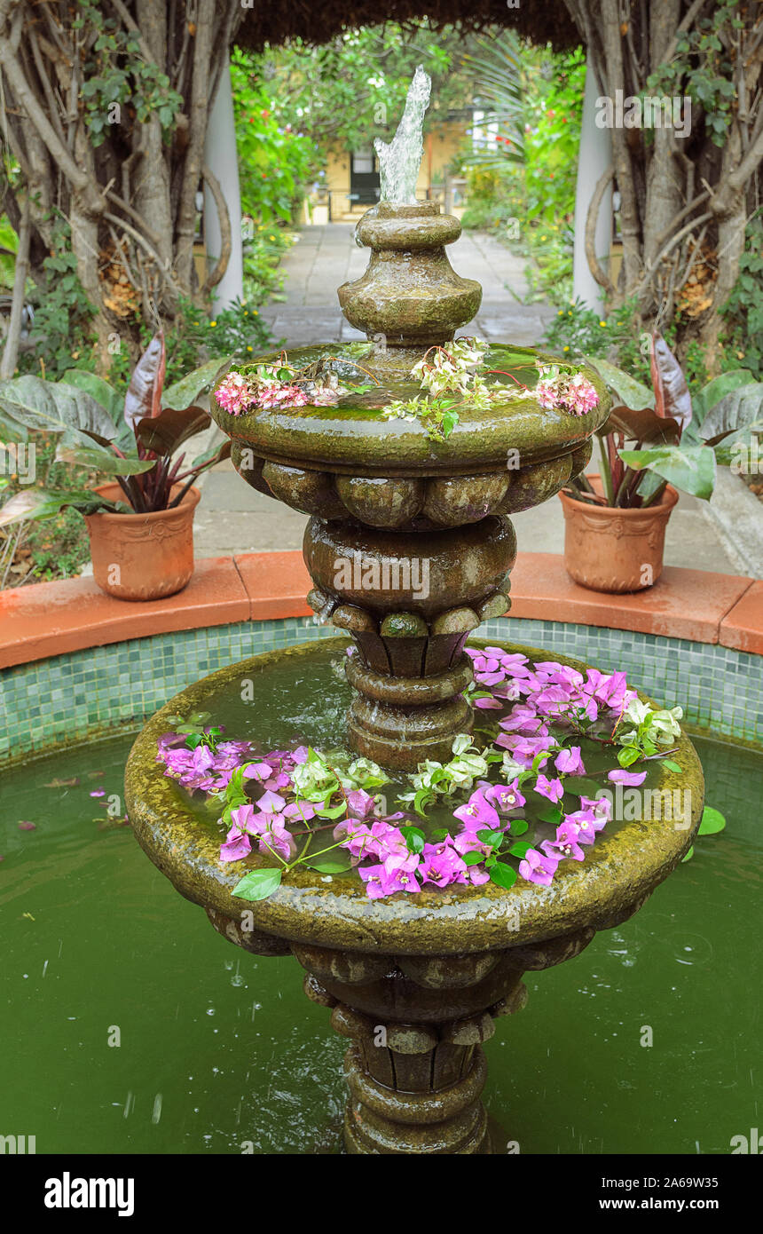 L'eau pompée dans l'air du vintage fontaine en pierre dans le jardin ...