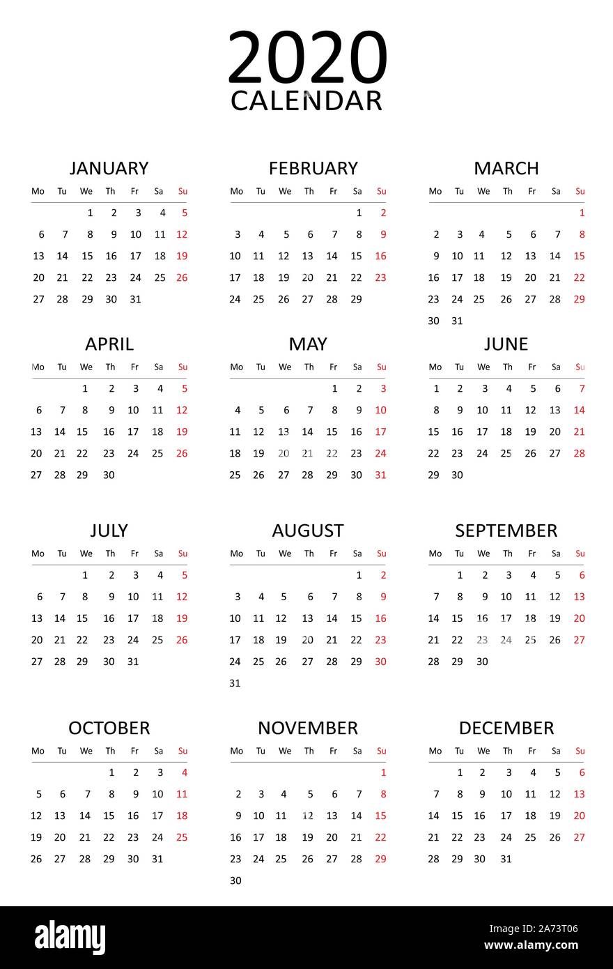 Nouvelle Année 2020 Calendrier. Commencer lundi. Simple et propre ...