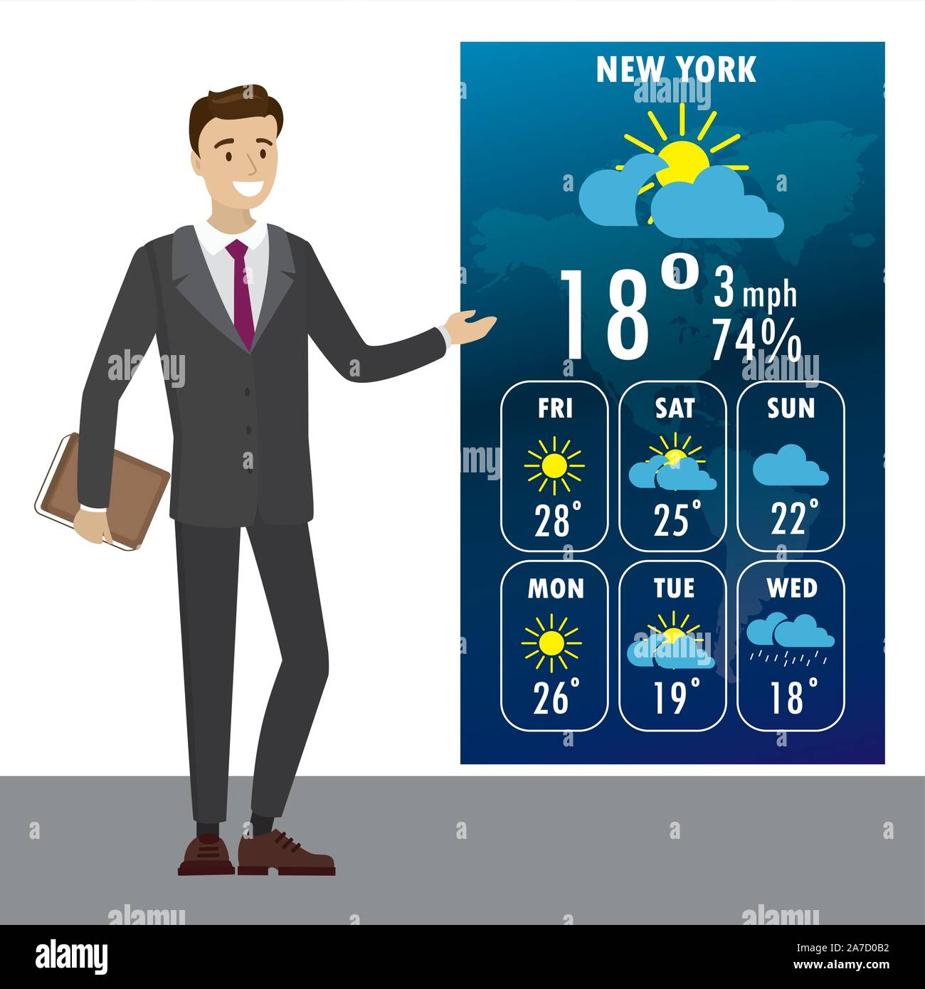 Jeune homme à la télévision raconte une météo, cartoon vector ...