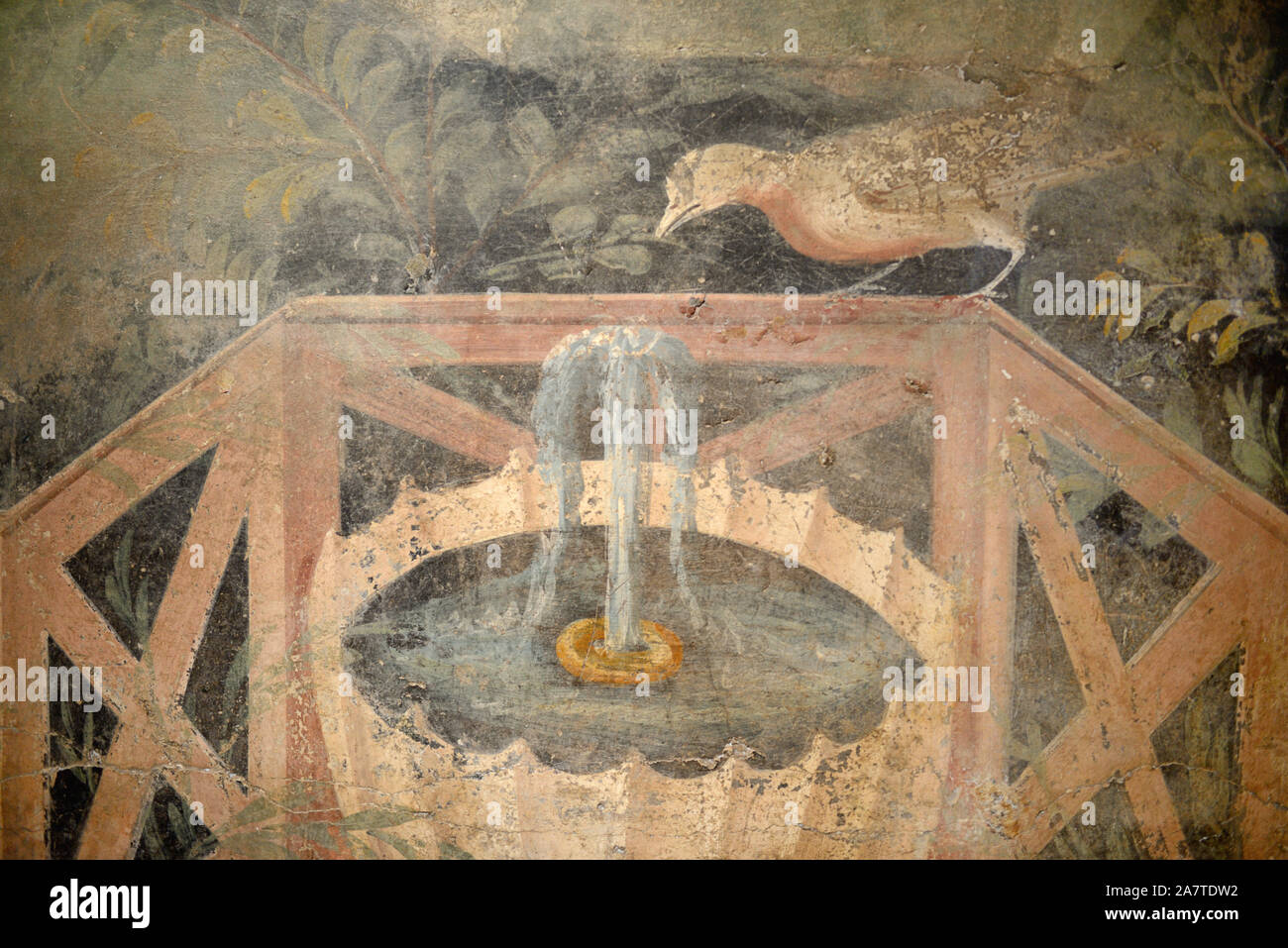 Fresque romaine ou peinture murale de jardin avec fontaine romaine et d ...