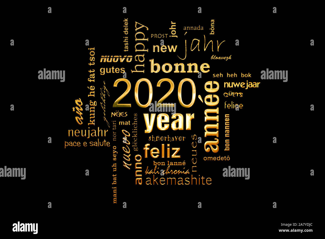 2020 Nouvelle année d'or nuage de mots de texte multilingue square ...