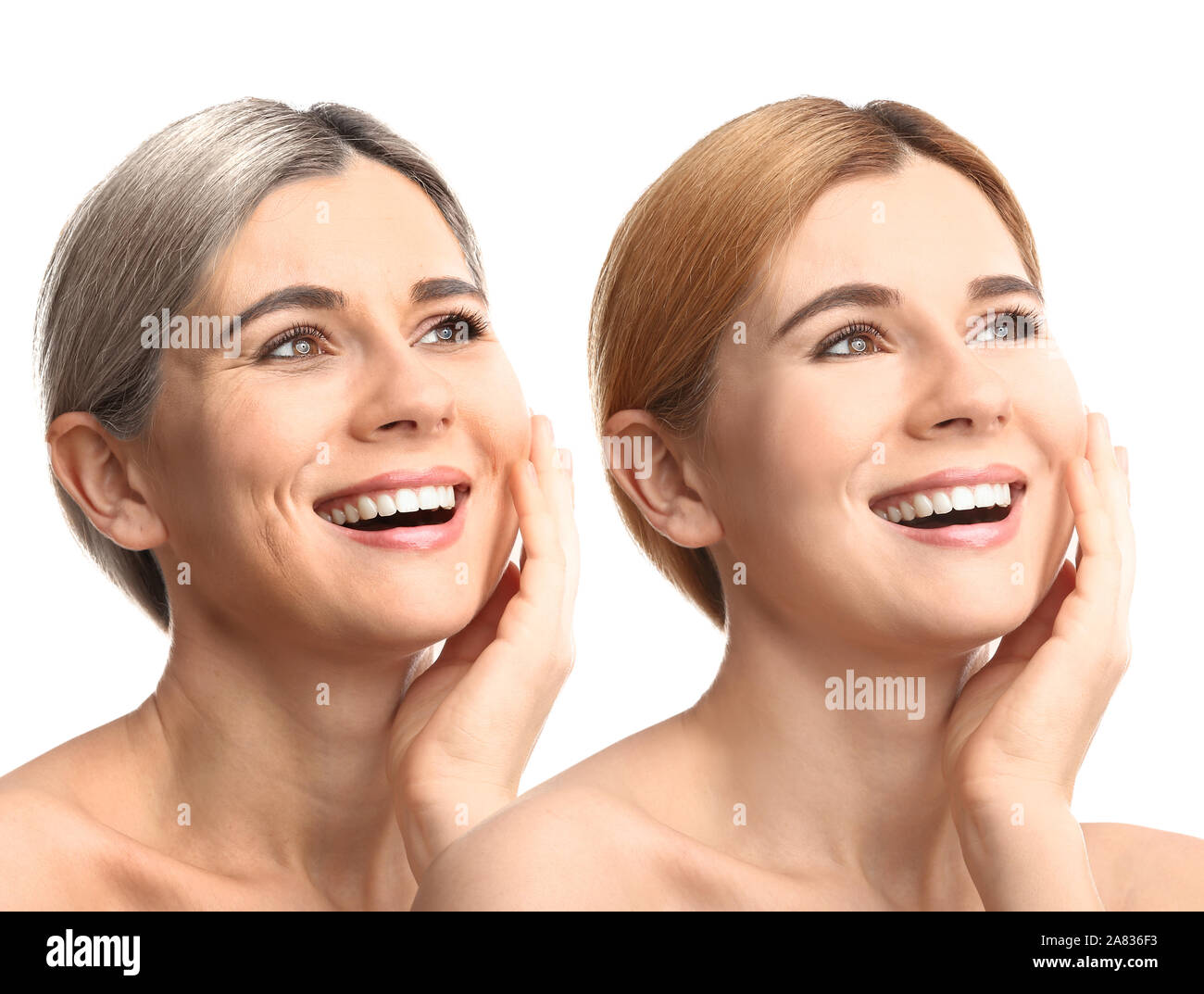 Portrait de femme avec comparaison jeunes et vieux peau sur fond blanc. Processus de ...