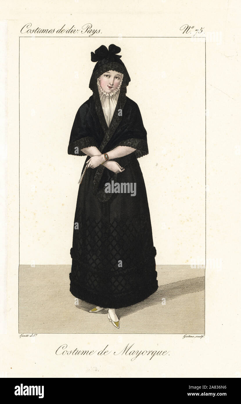 Femme de Majorque, Espagne, 19e siècle. Elle est en deuil, et porte un ...