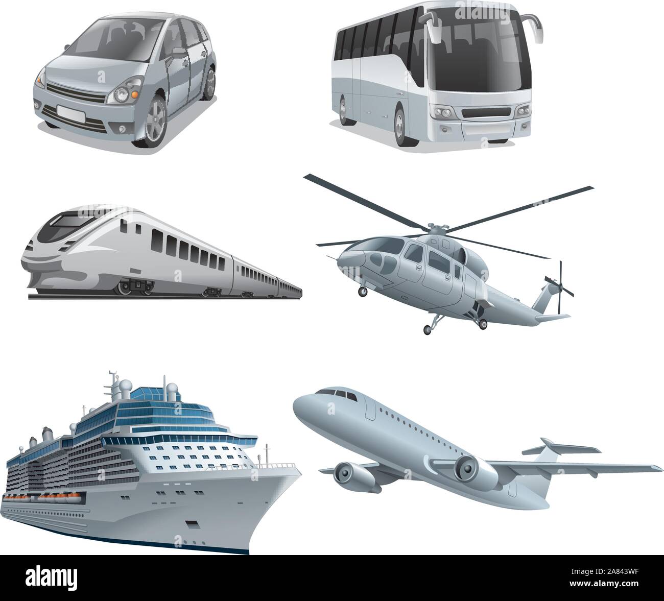 Illustration des différents types de mode de transport, voiture, train ...