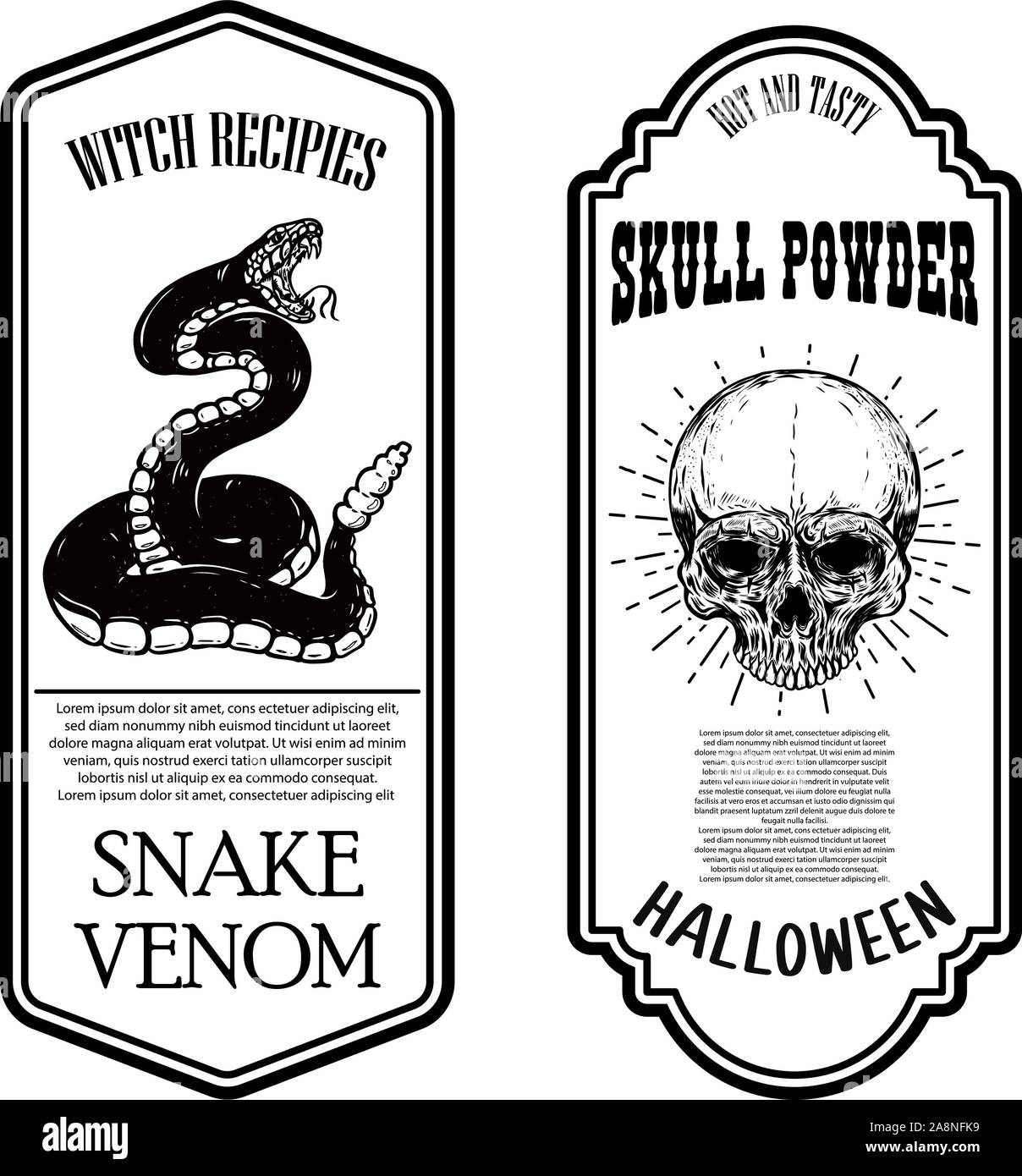 Poison serpent Halloween. La poudre de crâne. Modèle d'étiquette de ...