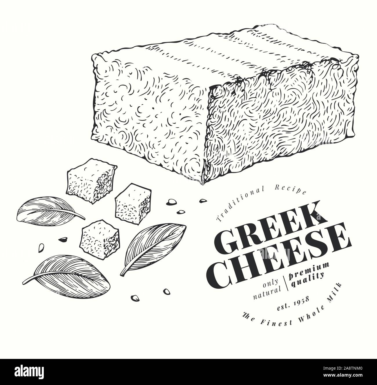Illustration du fromage grec. Hand drawn vector illustration laitiers ...