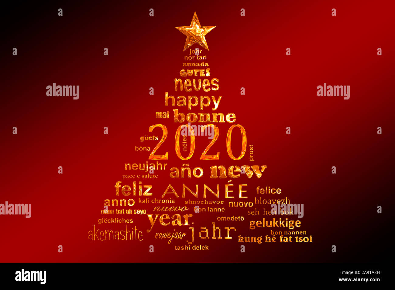 2020 Nouvelle année d'or nuage de mots de texte multilingue carte de ...