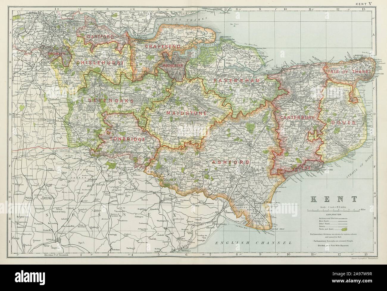 KENT. Montrant les divisions parlementaires, les quartiers et des parcs ...