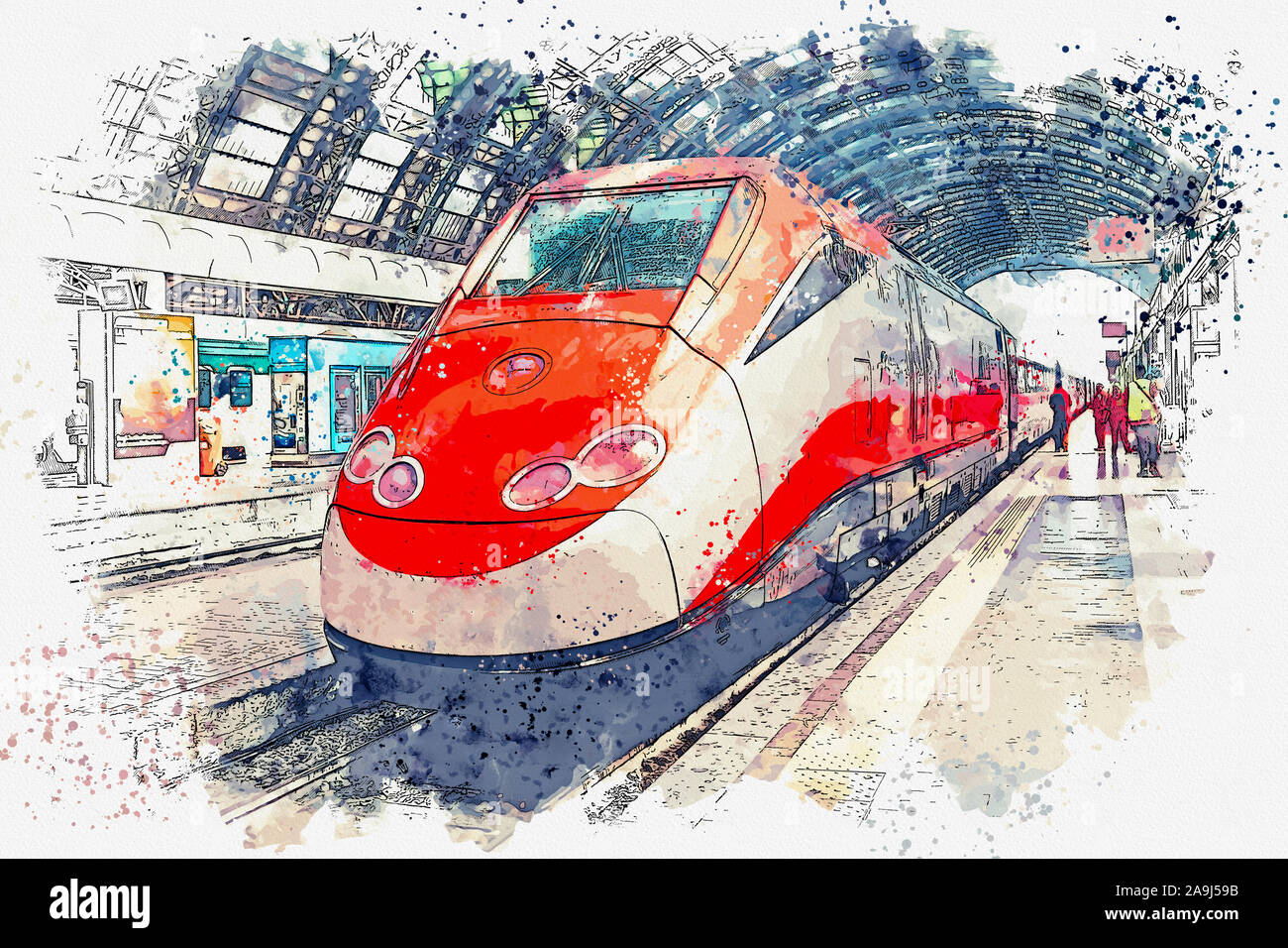 L'illustration ou aquarelle d'un moderne train à une gare ou à une ...