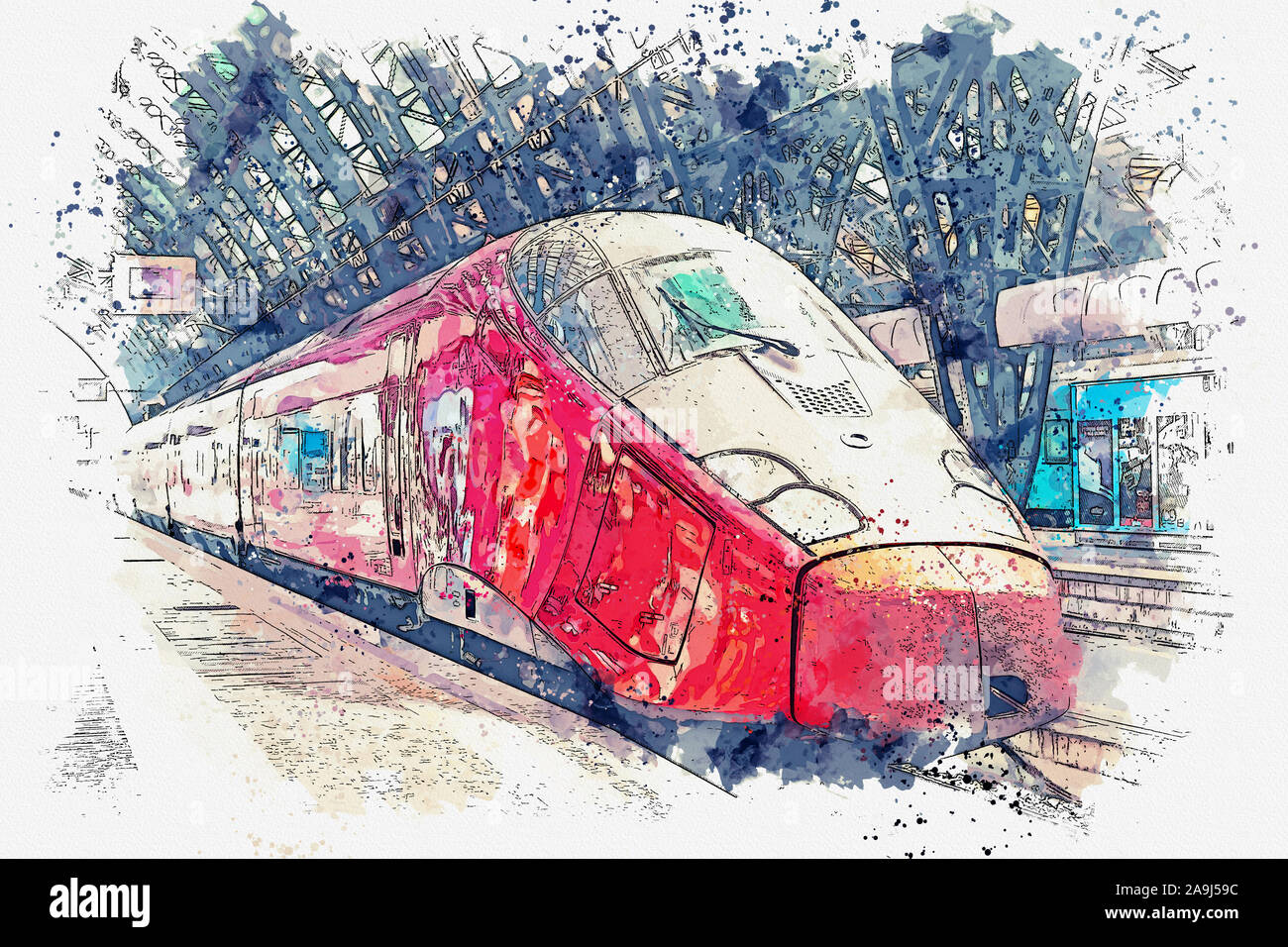 L'illustration ou aquarelle d'un moderne train à une gare ou à une ...
